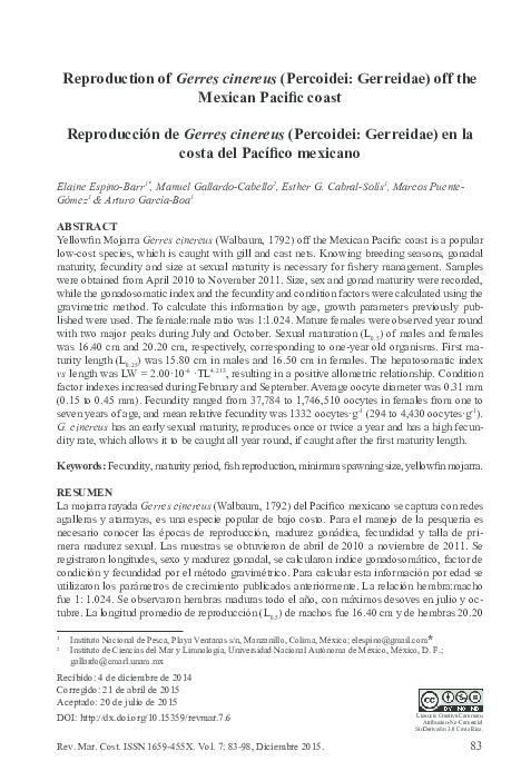 (PDF) Reproduction of Gerres cinereus Percoidei Gerreidae off the ...