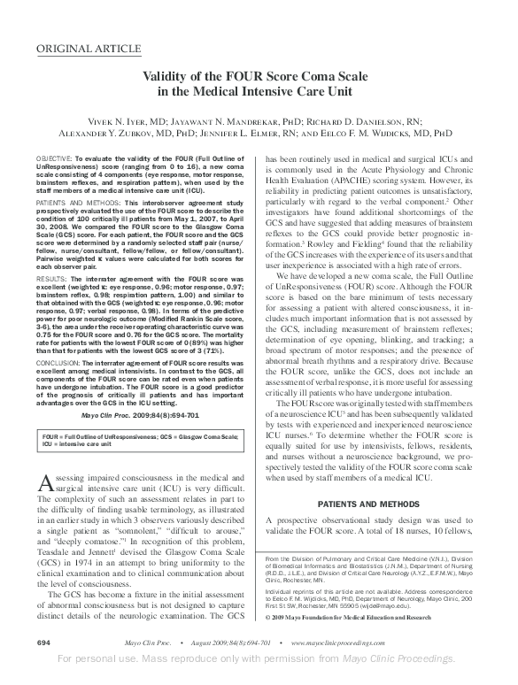 (PDF) NEW COMA SCALE FOR THE MEDICAL ICU Validity of the FOUR Score ...