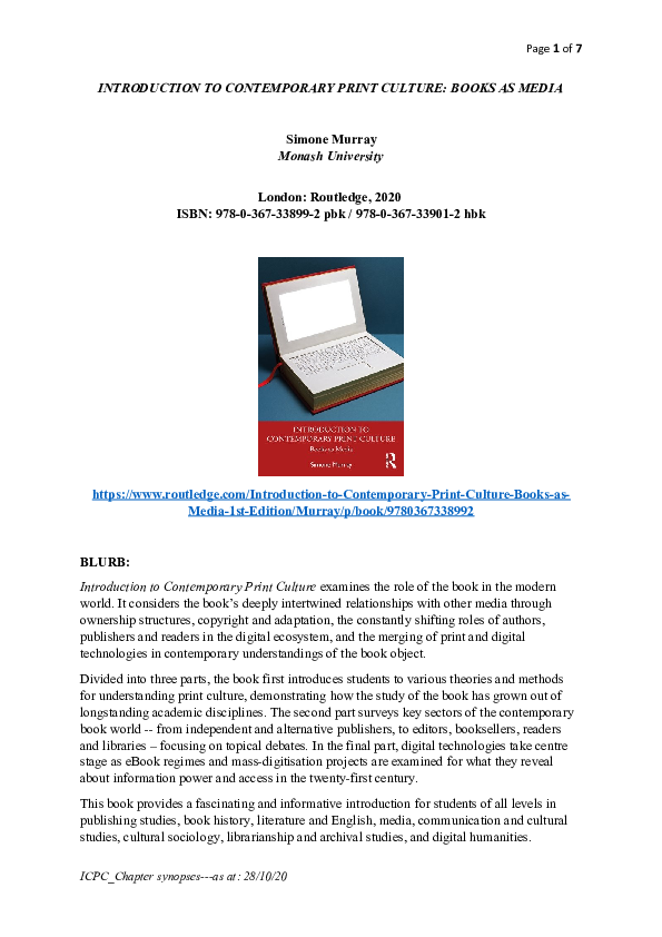 (DOC) Introduction to Contemporary Print Culture: Books as Media