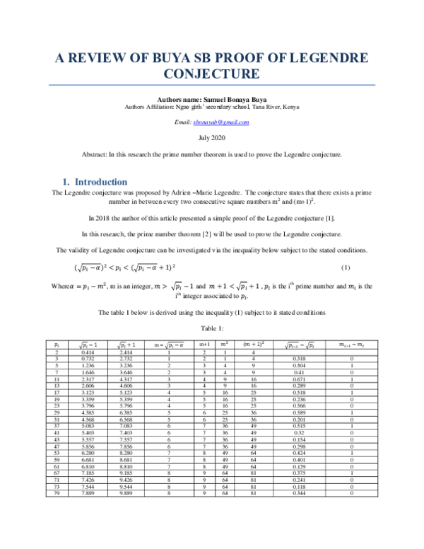 (PDF) A review of Buya's proof of Legendre conjecture