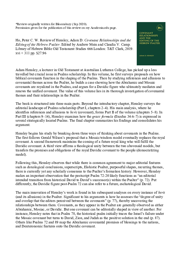 (PDF) Peter C. W. Ho, review of Adam D. Hensley, Covenant Relationships ...