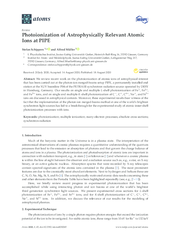 (PDF) Photoionization of Astrophysically Relevant Atomic Ions at PIPE