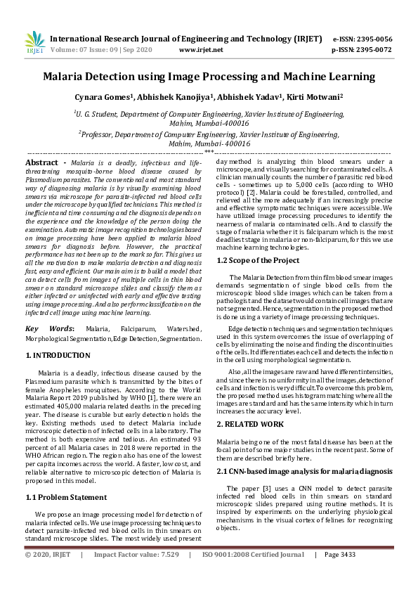 (PDF) IRJET- Malaria Detection using Image Processing and Machine Learning