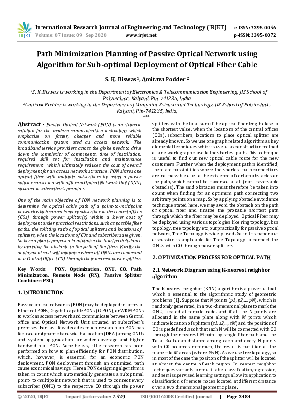 (PDF) IRJET- Path Minimization Planning of Passive Optical Network using Algorithm for Sub ...