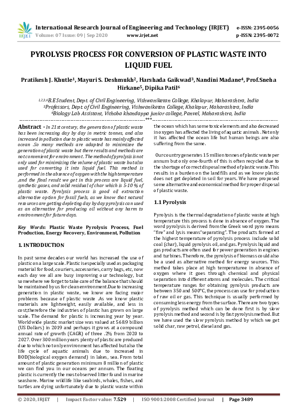 (PDF) IRJET- PYROLYSIS PROCESS FOR CONVERSION OF PLASTIC WASTE INTO ...