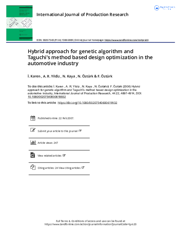 Pdf Hybrid Approach For Genetic Algorithm And Taguchis Method Based