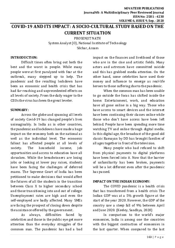 (PDF) JOURNALNX-COVID-19 AND ITS IMPACT: A SOCIO-CULTURAL STUDY BASED ...