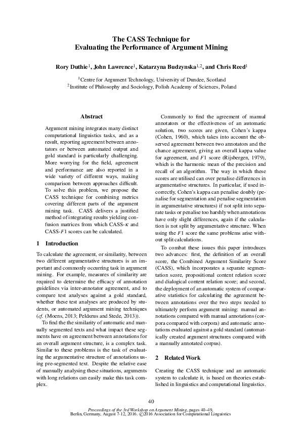 Pdf Cass Technique For Argument Mining Evaluation