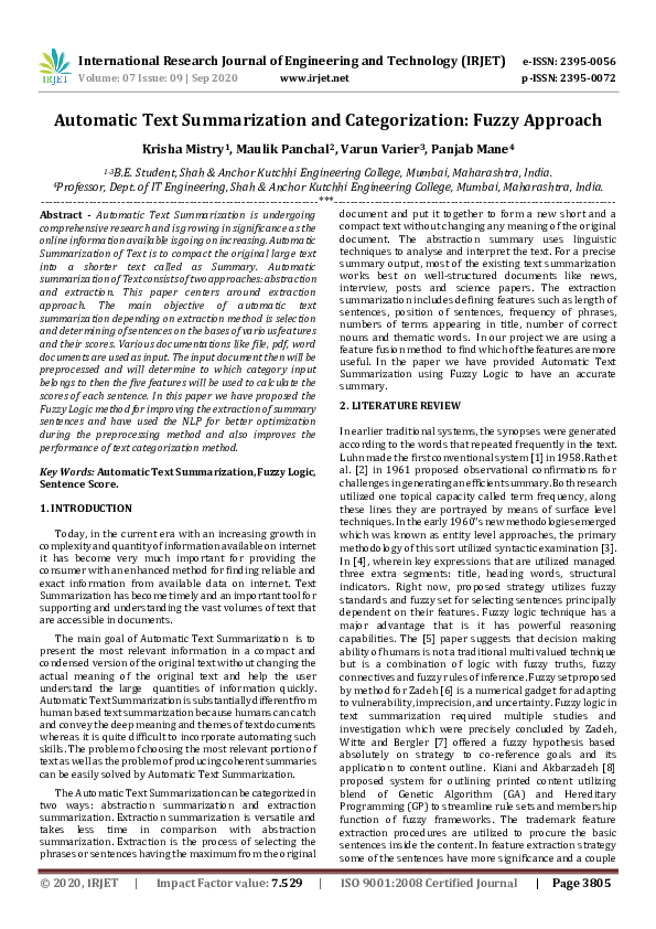 IRJET- Automatic Text Summarization and Categorization: Fuzzy Approach