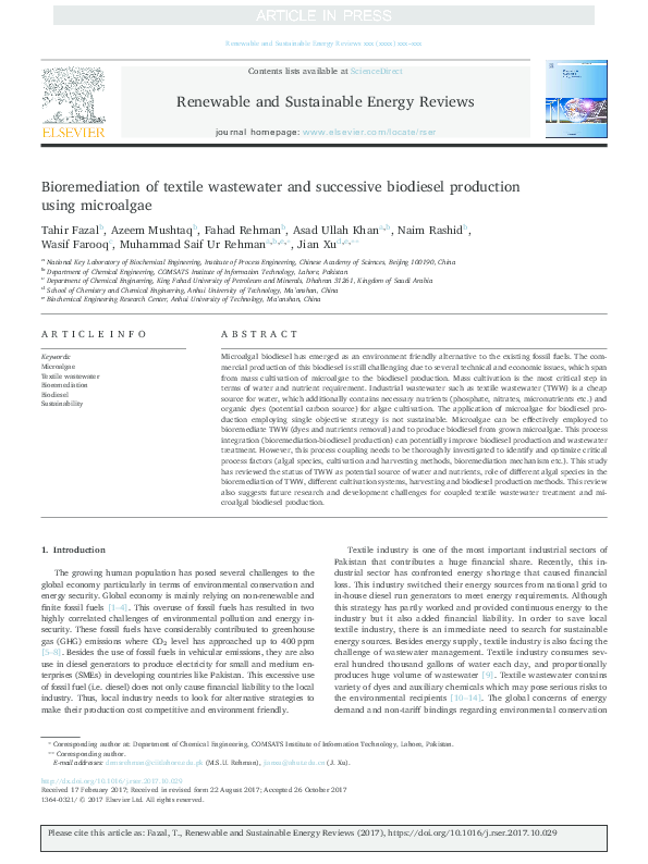 (PDF) Bioremediation of textile wastewater and successive biodiesel production using microalgae