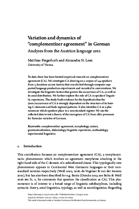 (PDF) Variation and dynamics of "complementizer agreement" in German Analyses from the Austrian ...
