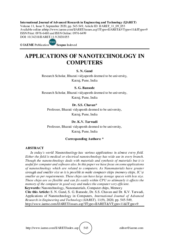 (PDF) APPLICATIONS OF NANOTECHNOLOGY IN COMPUTERS