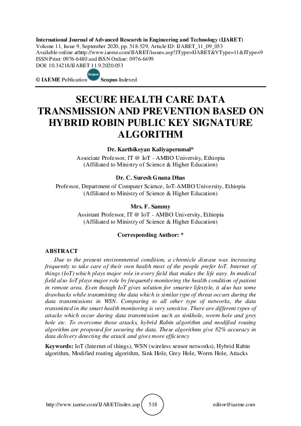 (PDF) SECURE HEALTH CARE DATA TRANSMISSION AND PREVENTION BASED ON HYBRID ROBIN PUBLIC KEY ...
