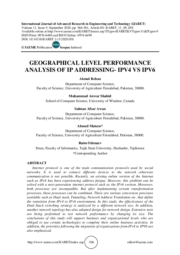 (PDF) GEOGRAPHICAL LEVEL PERFORMANCE ANALYSIS OF IP ADDRESSING- IPV4 VS IPV6