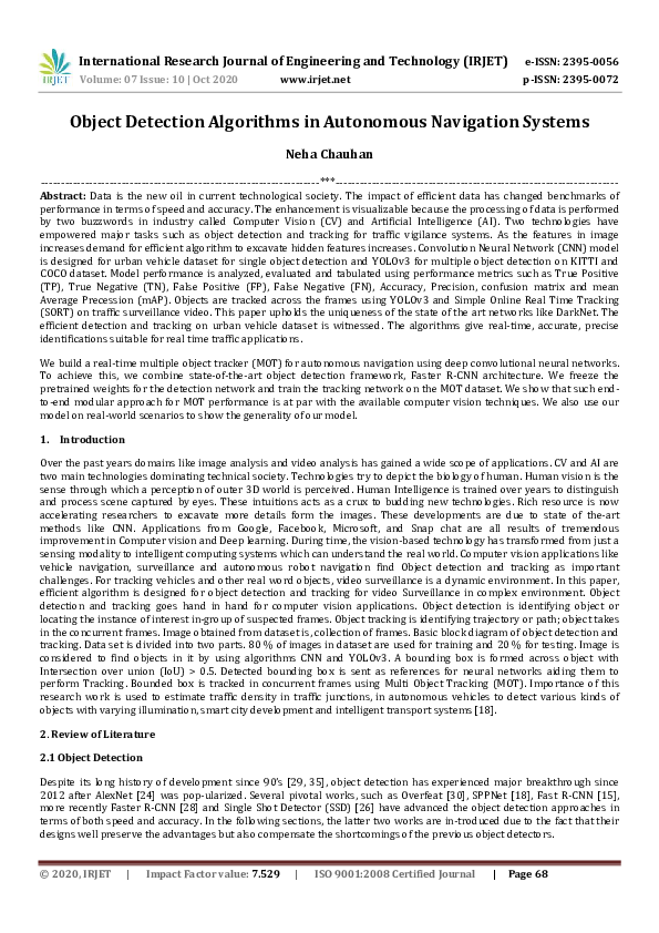 Pdf Irjet Object Detection Algorithms In Autonomous Navigation Systems