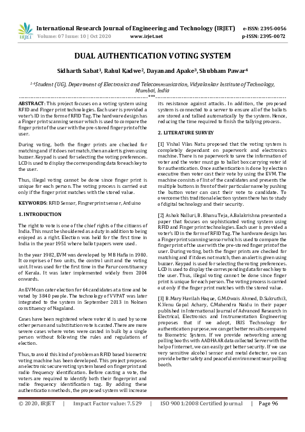 (PDF) IRJET- DUAL AUTHENTICATION VOTING SYSTEM