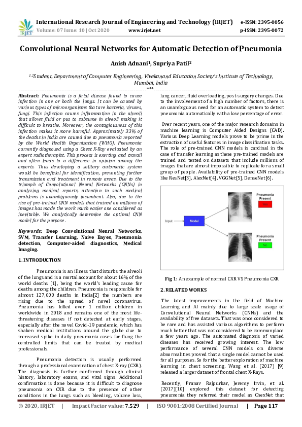 (PDF) IRJET- Convolutional Neural Networks for Automatic Detection of Pneumonia