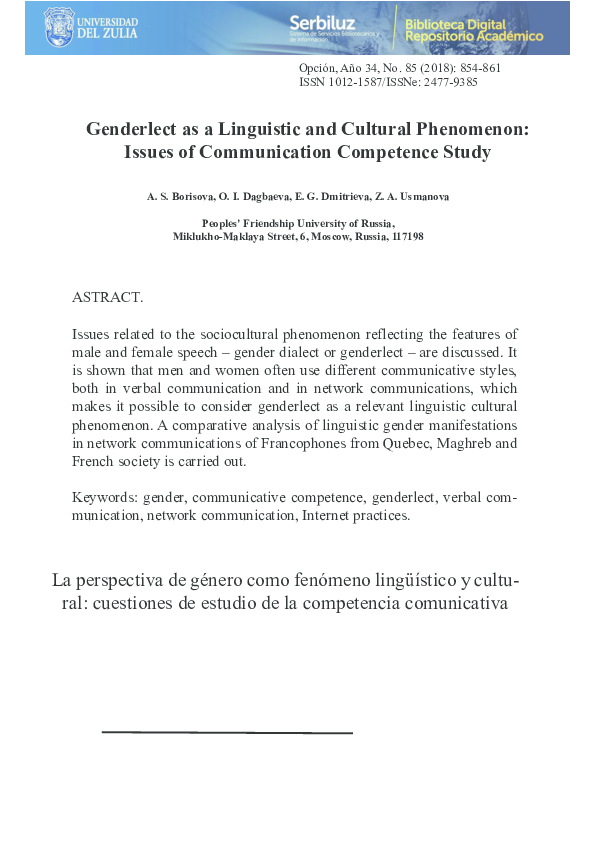 (PDF) Genderlect as a Linguistic and Cultural Phenomenon: Issues of ...