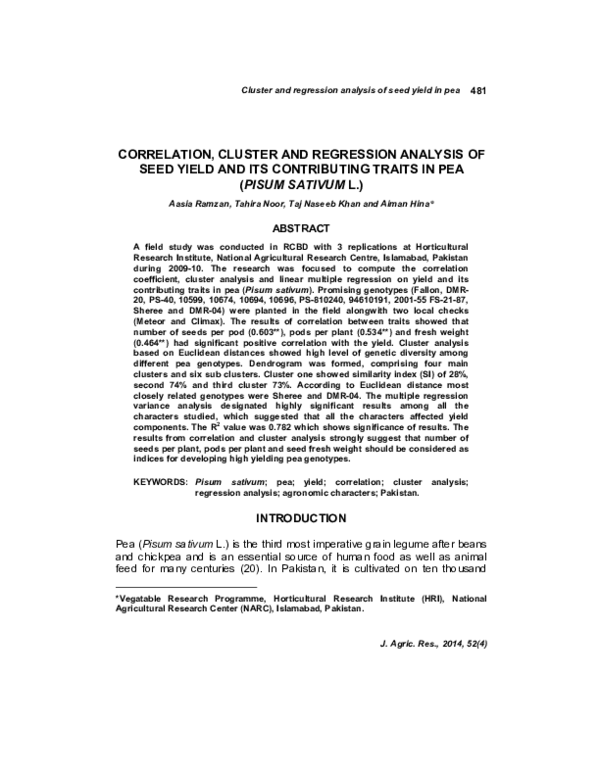 Pdf Cluster And Regression Analysis Of Seed Yield In Pea Correlation