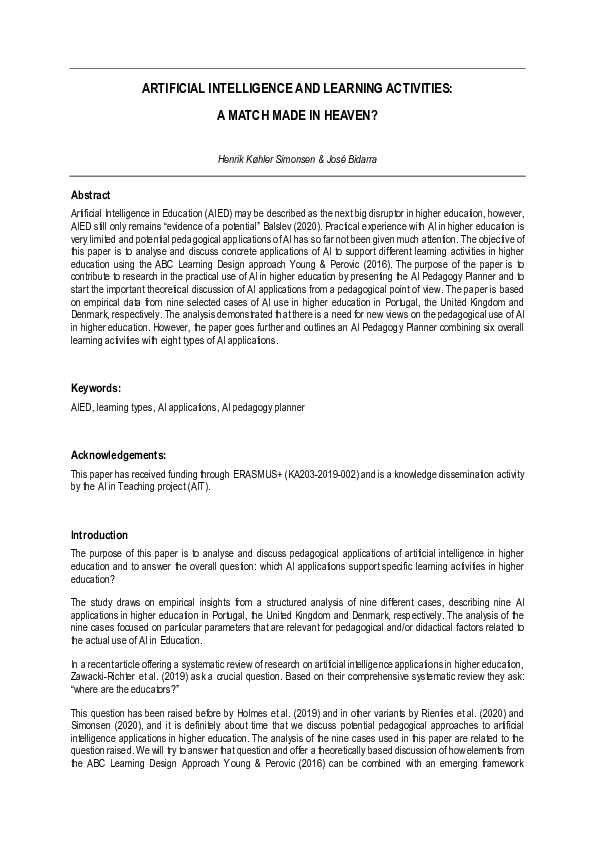 (PDF) ARTIFICIAL INTELLIGENCE AND LEARNING ACTIVITIES: A MATCH MADE IN ...