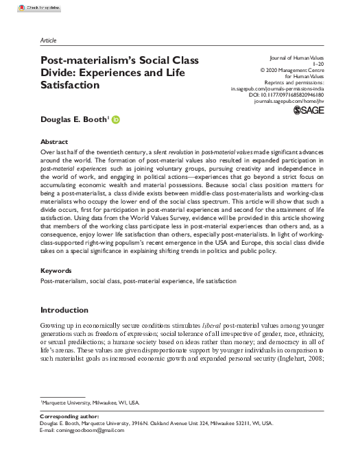 (PDF) Post-materialism's Social Class Divide: Experiences and Life ...