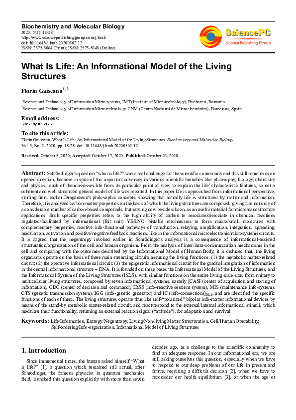 (PDF) What Is Life: An Informational Model of the Living Structures