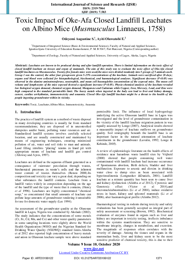(PDF) Toxic Impact of Oke-Afa Closed Landfill Leachates on Albino Mice ...
