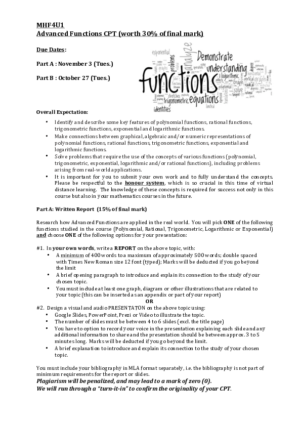 (PDF) MHF4U1 Advanced Functions CPT (worth 30% of final mark