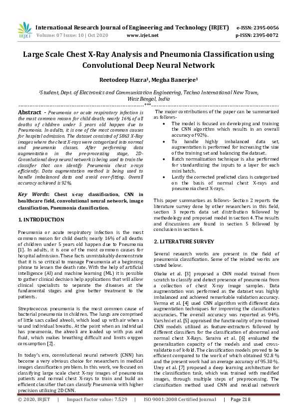 (PDF) IRJET- Large Scale Chest X-Ray Analysis and Pneumonia Classification using Convolutional ...