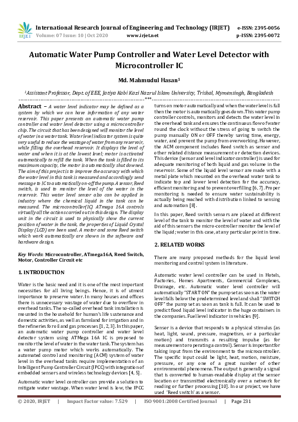 (PDF) IRJET- Automatic Water Pump Controller and Water Level Detector with Microcontroller IC