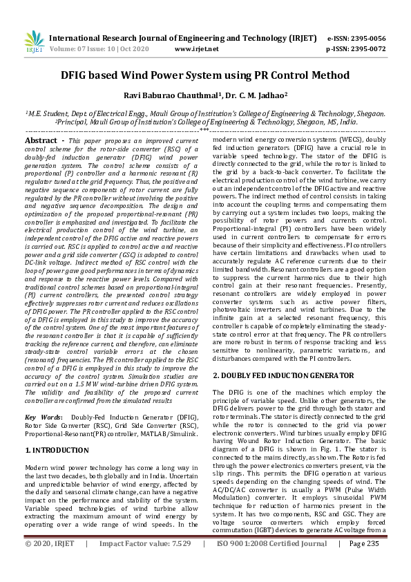 (PDF) IRJET- DFIG based Wind Power System using PR Control Method