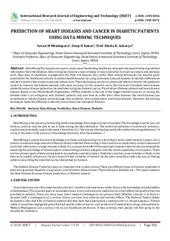 (PDF) IRJET- PREDICTION OF HEART DISEASES AND CANCER IN DIABETIC ...