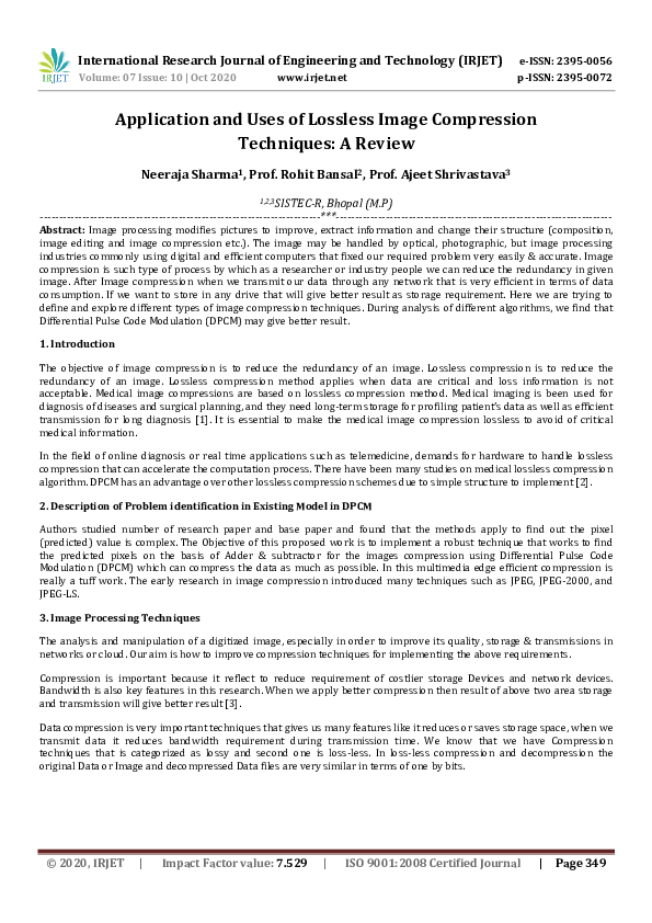 (PDF) IRJET- Application and Uses of Lossless Image Compression Techniques: A Review