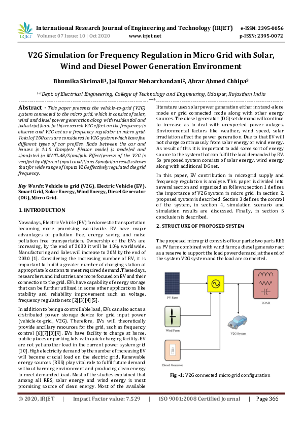 Pdf Irjet V2g Simulation For Frequency Regulation In Micro Grid With