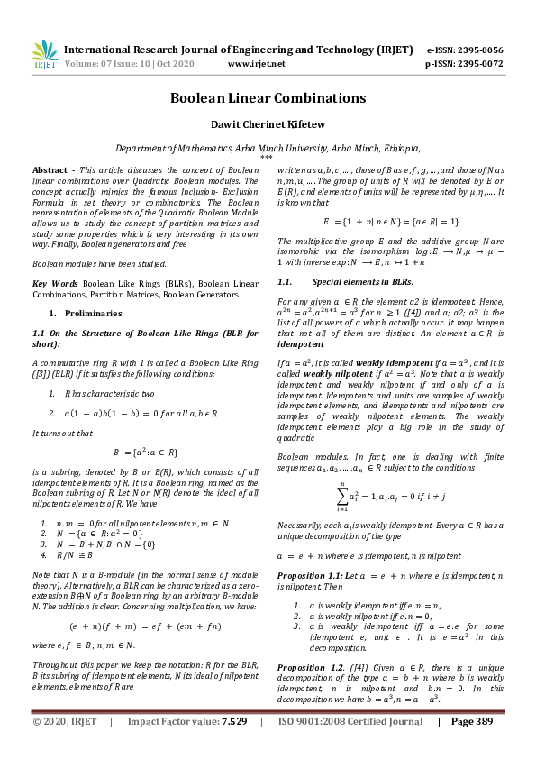 (PDF) IRJET- Boolean Linear Combinations