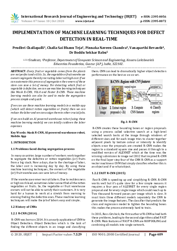 Pdf Irjet Implementation Of Machine Learning Techniques For Defect Detection In Real Time