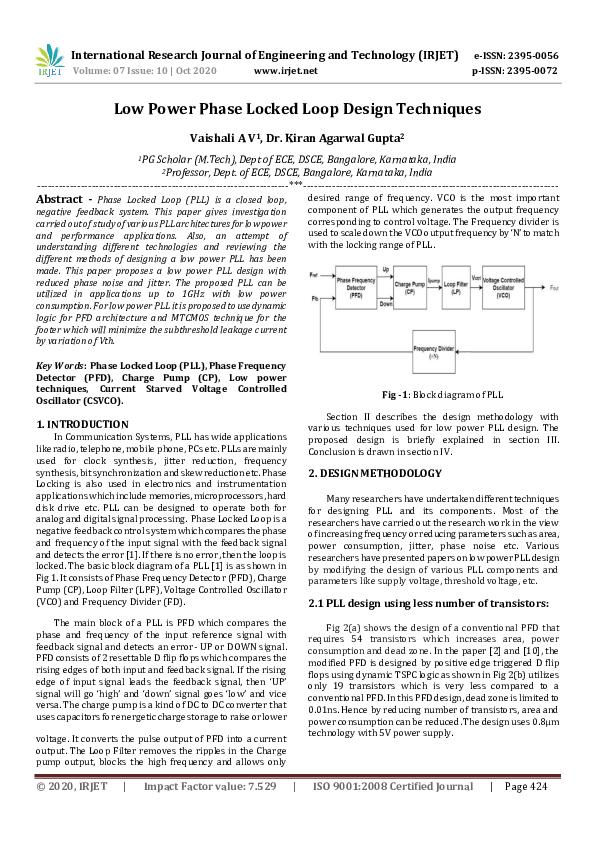 (PDF) IRJET-Low Power Phase Locked Loop Design Techniques (PDF) IRJET-Low Power Phase Locked Loop Design Techniques