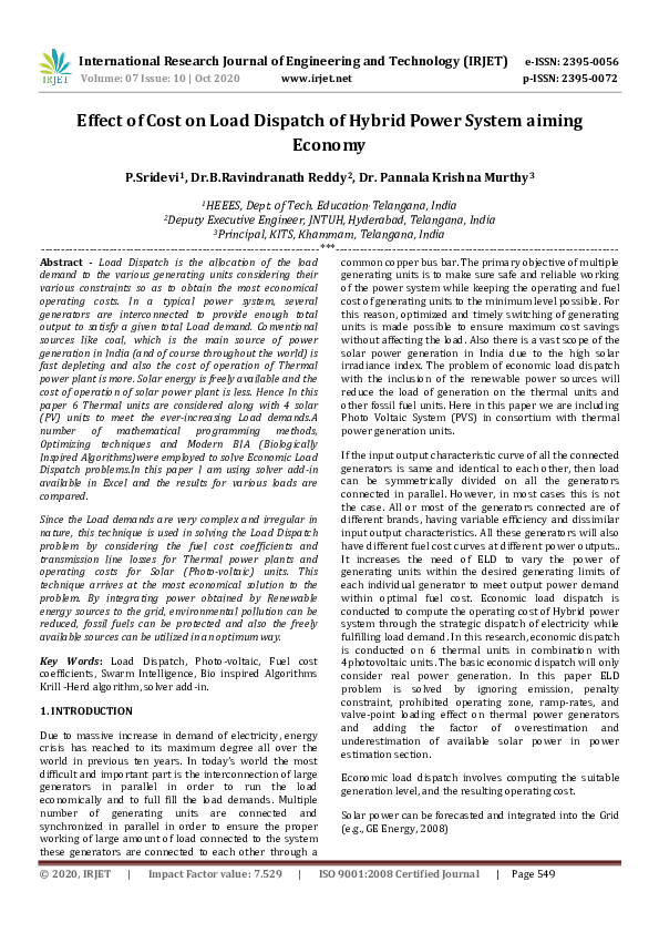 (PDF) IRJET- Effect of Cost on Load Dispatch of Hybrid Power System ...