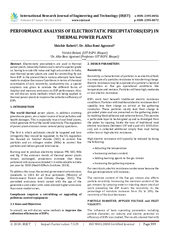 (PDF) IRJET- PERFORMANCE ANALYSIS OF ELECTROSTATIC PRECIPITATORS(ESP) IN THERMAL POWER PLANTS