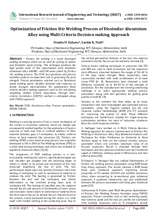 (PDF) IRJET- Optimization of Friction Stir Welding Process of Dissimilar Aluminium Alloy using ...