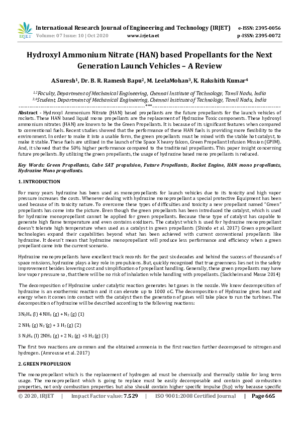 (PDF) IRJET- Hydroxyl Ammonium Nitrate (HAN) based Propellants for the Next Generation Launch ...