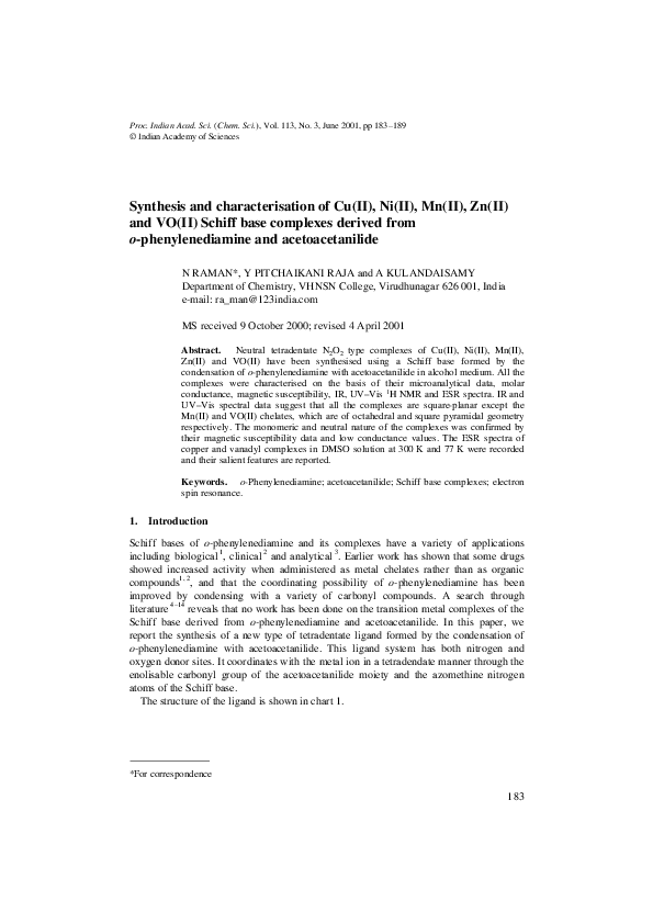 (PDF) Synthesis and characterisation of Cu(II), Ni(II), Mn(II), Zn(II) and VO(II) Schiff base ...
