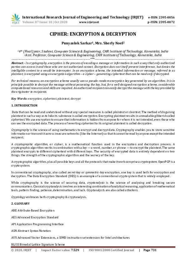 (PDF) IRJET- CIPHER: ENCRYPTION & DECRYPTION