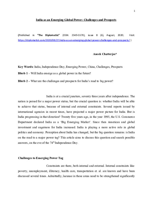 (DOC) India as an Emerging Global Power: Challenges and Prospects