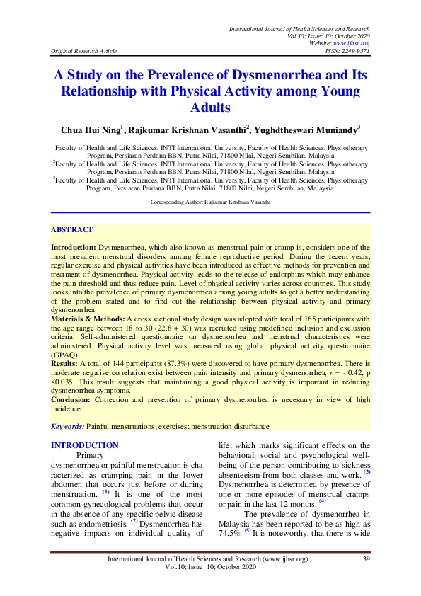(PDF) A Study on the Prevalence of Dysmenorrhea and Its Relationship ...