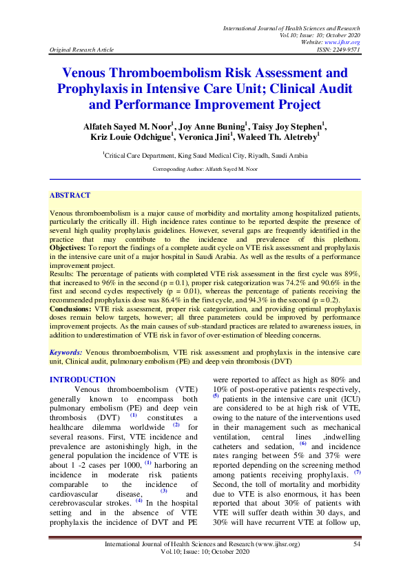 (PDF) Venous Thromboembolism Risk Assessment and Prophylaxis in Intensive Care Unit; Clinical ...