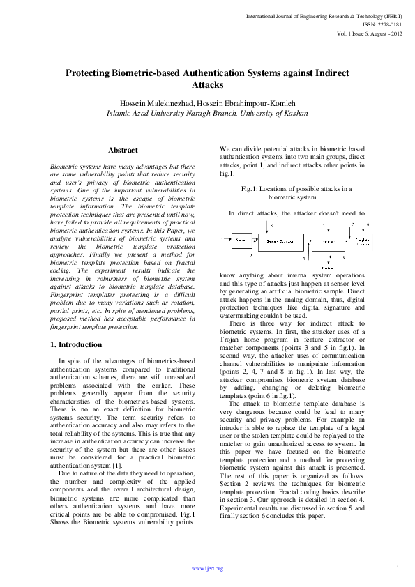 Pdf Ijert Protecting Biometric Based Authentication Systems Against Indirect Attacks