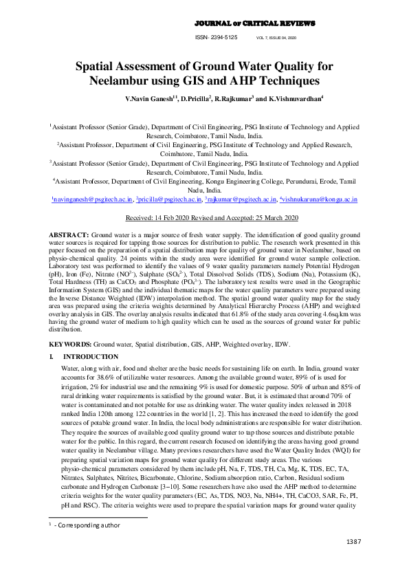 (PDF) Spatial Assessment of Ground Water Quality for Neelambur using GIS and AHP Techniques
