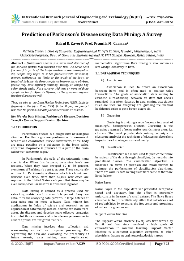 (PDF) IRJET- Prediction of Parkinson's Disease using Data Mining: A Survey