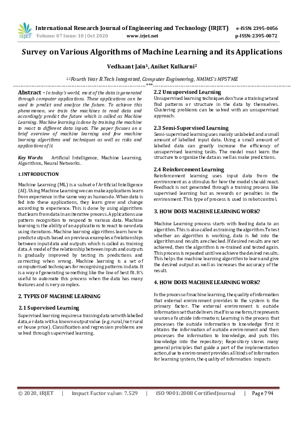 (PDF) IRJET- Survey on Various Algorithms of Machine Learning and its ...
